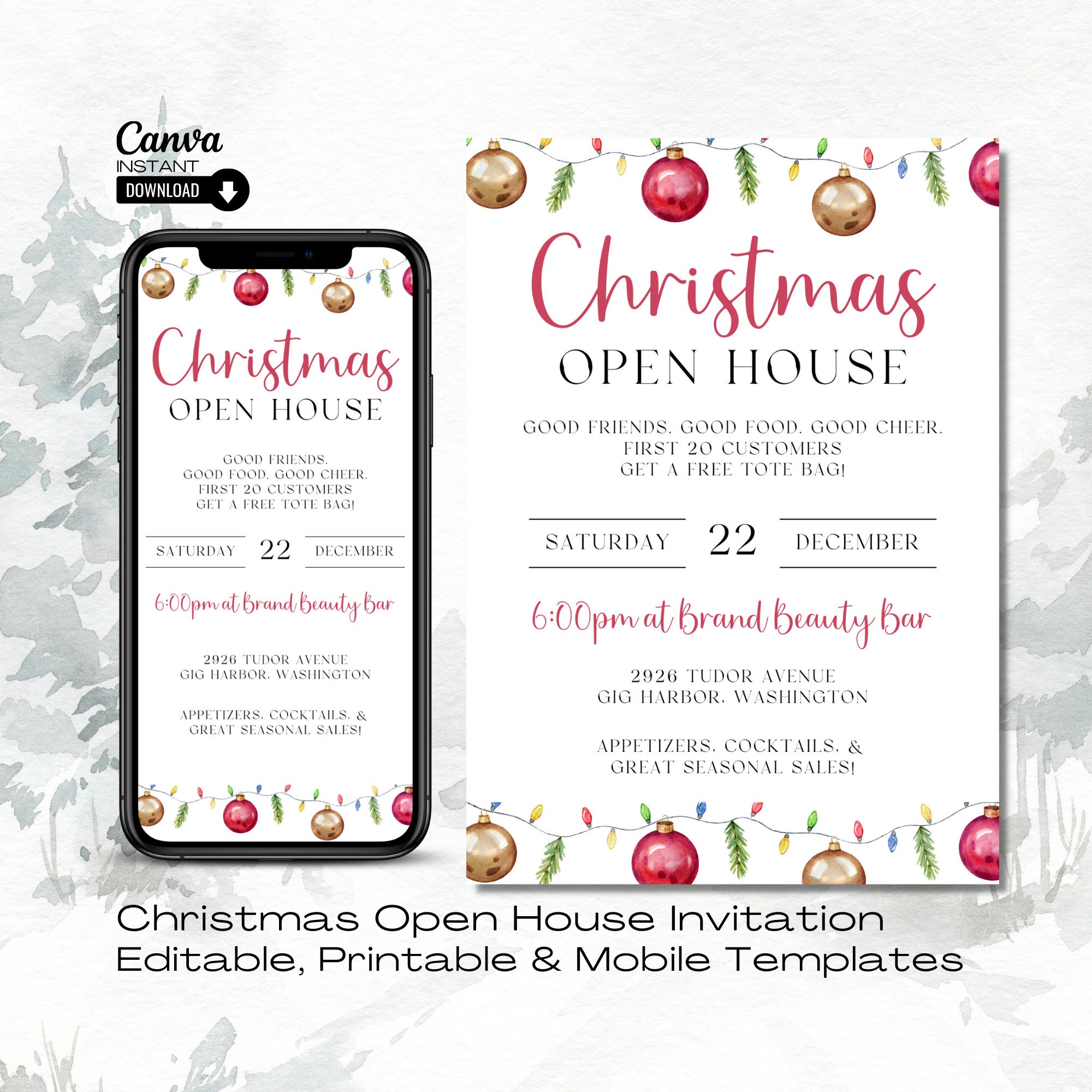 Editable Christmas Open House Invitation Template, Printable Small ...