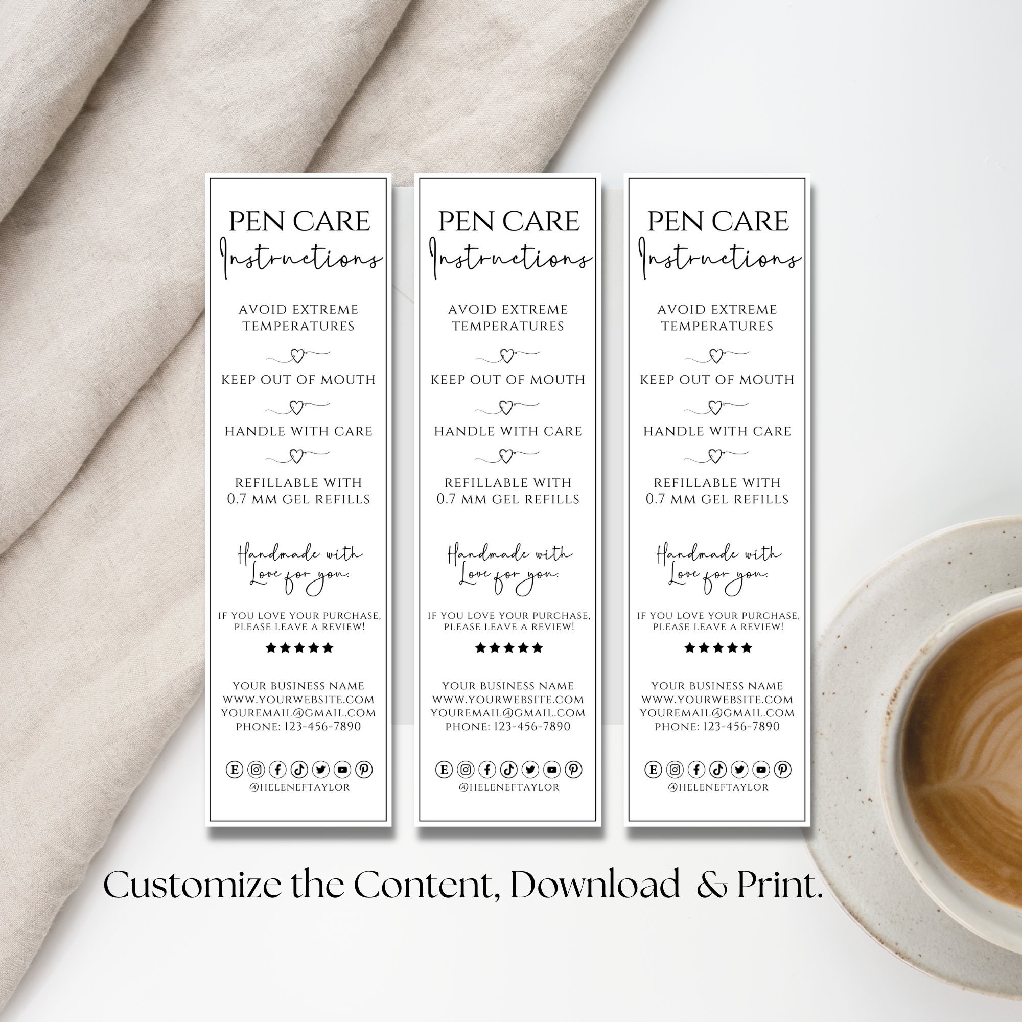 Editable Pen Care Instructions Card: Small Business Packaging (digital ...