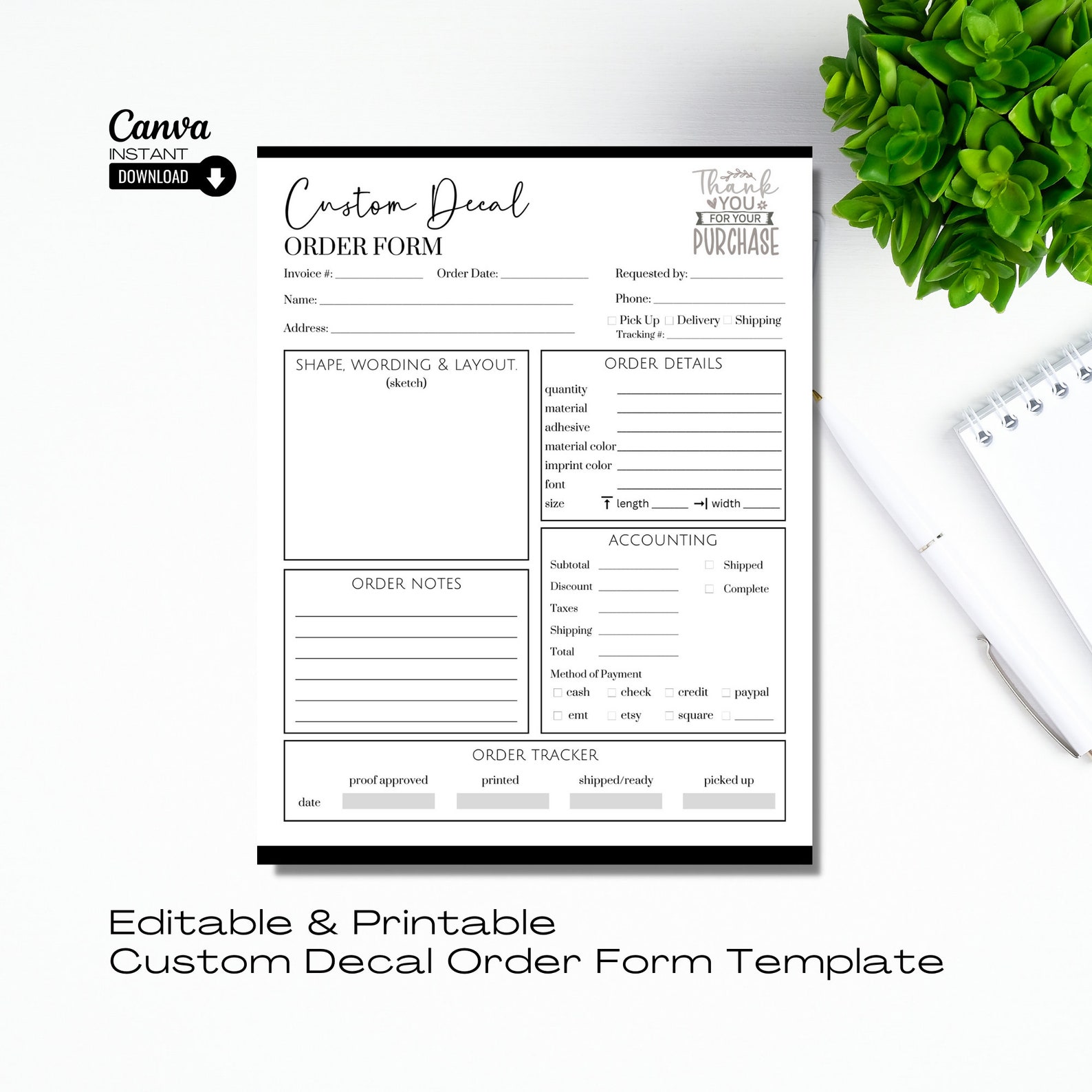 Editable Decal Order Form Template, Custom Decal Form, Printable Vinyl ...