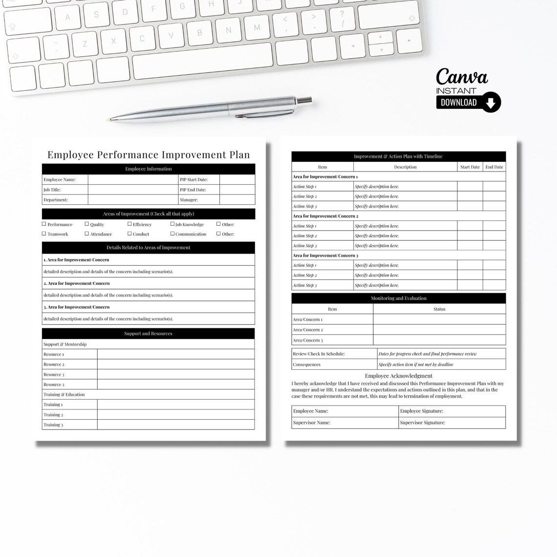 Editable Performance Improvement Plan Template, Printable Employee ...
