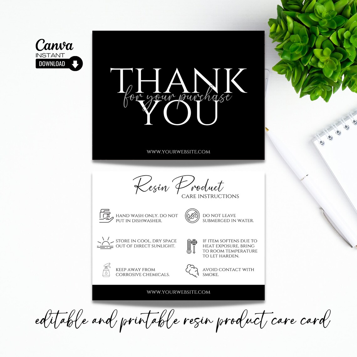 Resin Care Card and Thank You Card Template, Editable Care Instructions ...