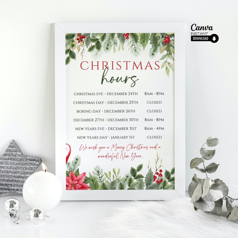 Editable Christmas Store Hours Sign: Holiday Business Template (digital Download) - Etsy