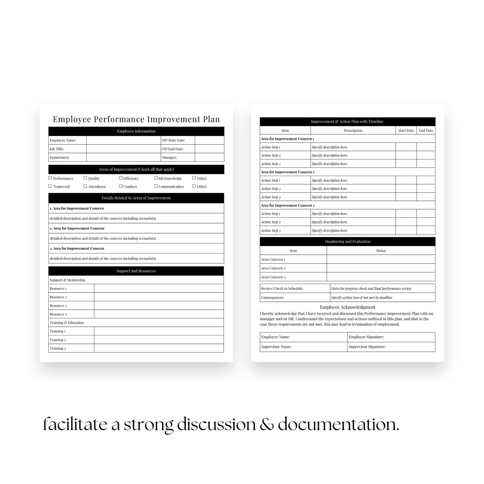 Editable Performance Improvement Plan Template, Printable Employee ...