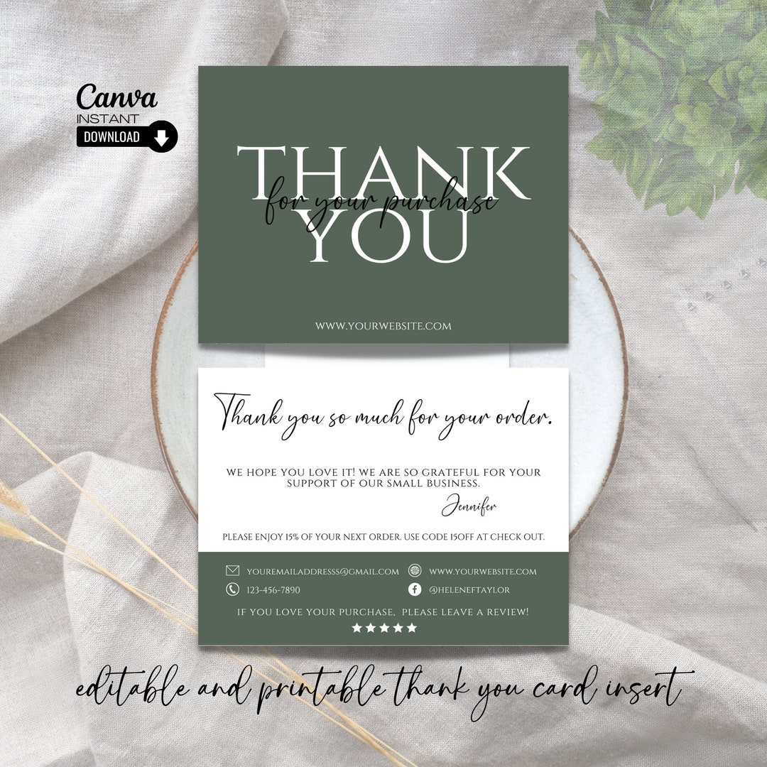 Printable Thank You Card Template, Editable Thank You Card Insert ...