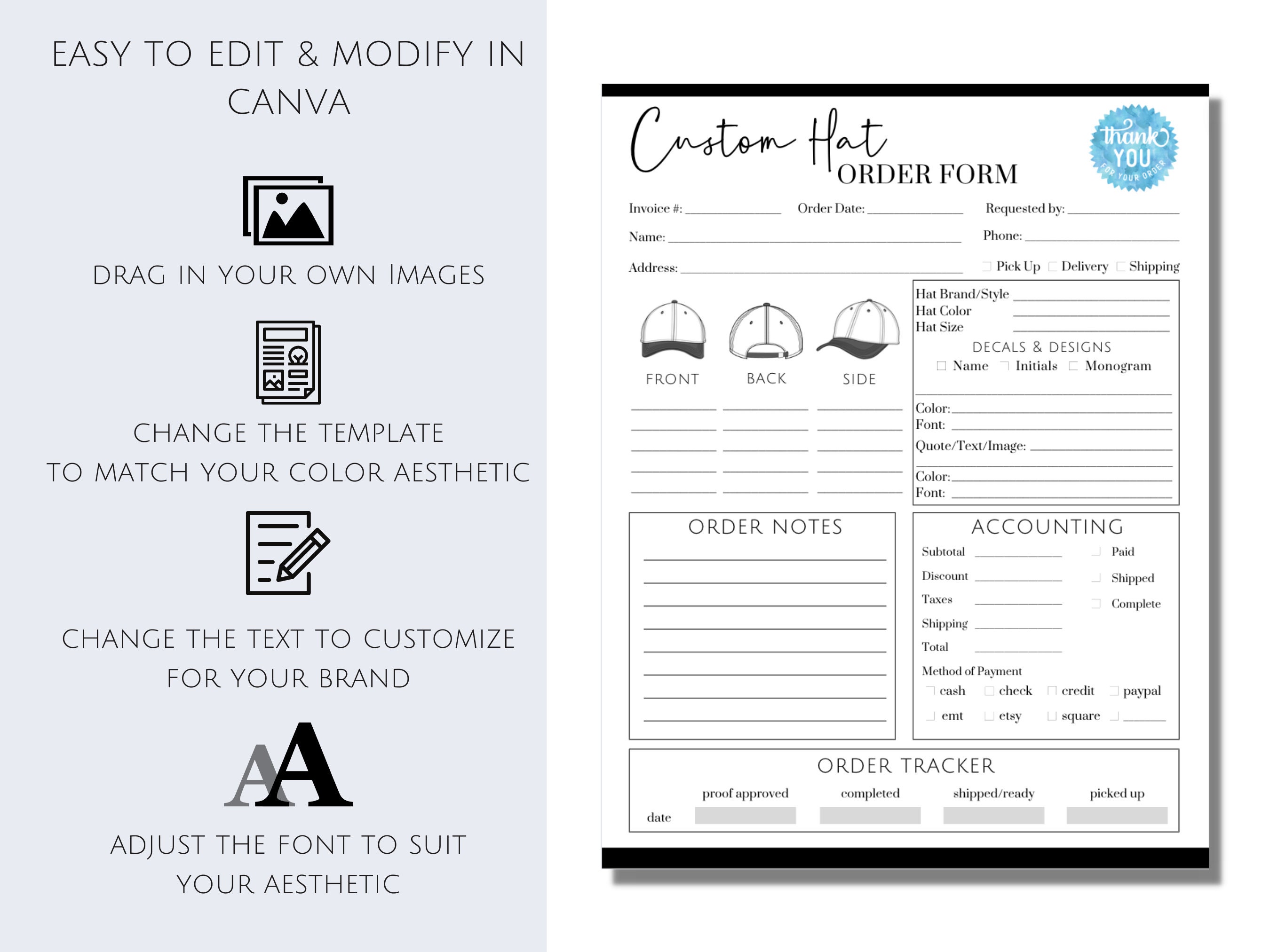 Editable Hat Order Form Printable Order Form Hat Order Form - Etsy