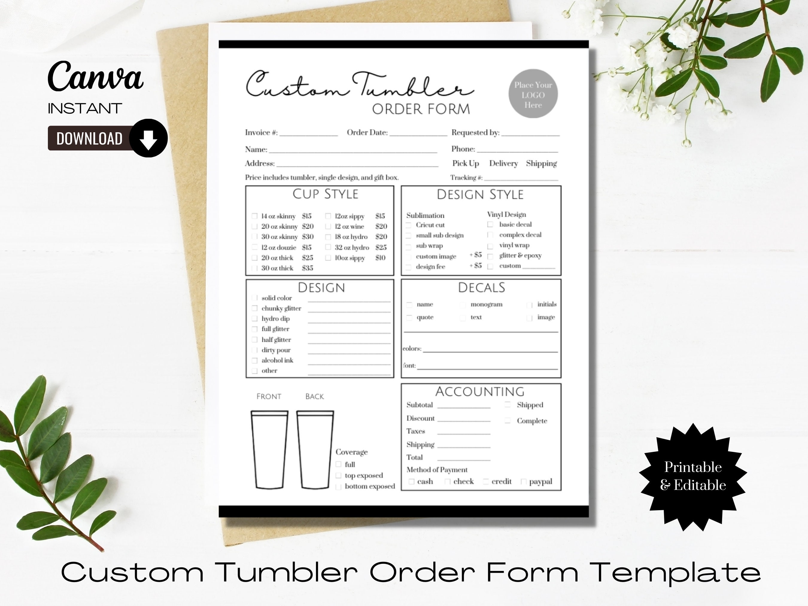 Editable Sublimation Tumbler Order Form Template Custom - Etsy