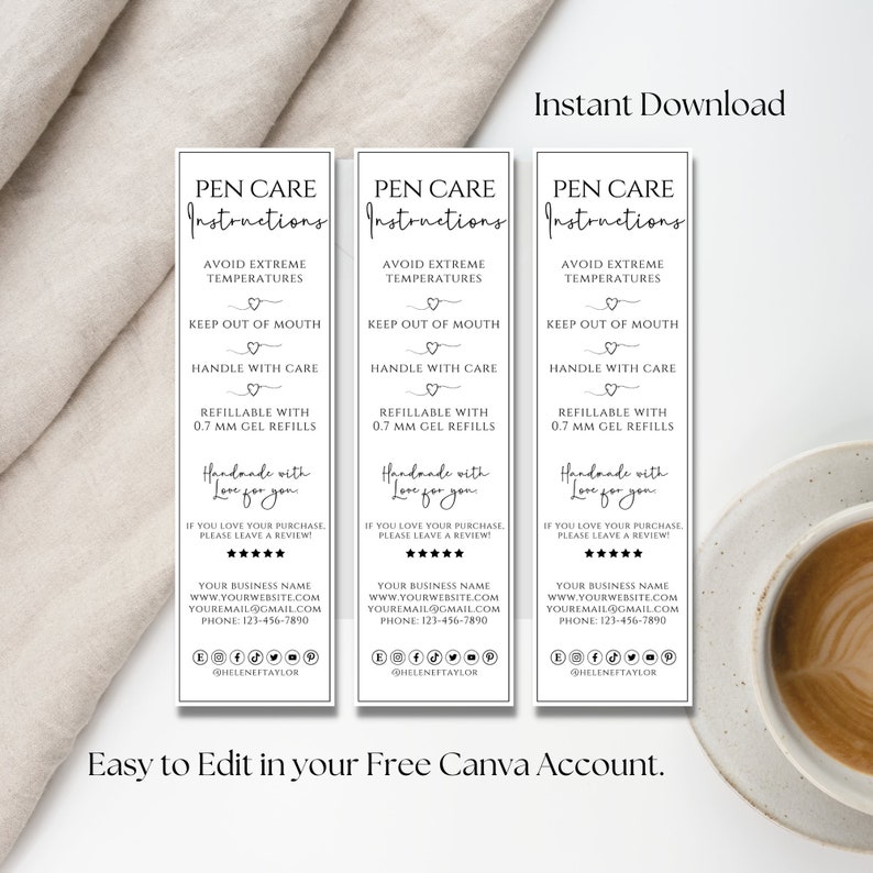Editable Pen Care Instructions Card: Small Business Packaging (digital ...