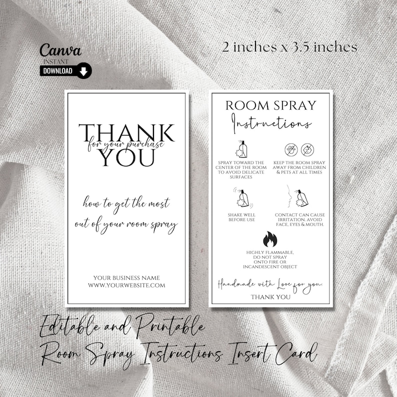 Editable Room Spray Care Card Template: Printable Instructions (2x3.5 ...