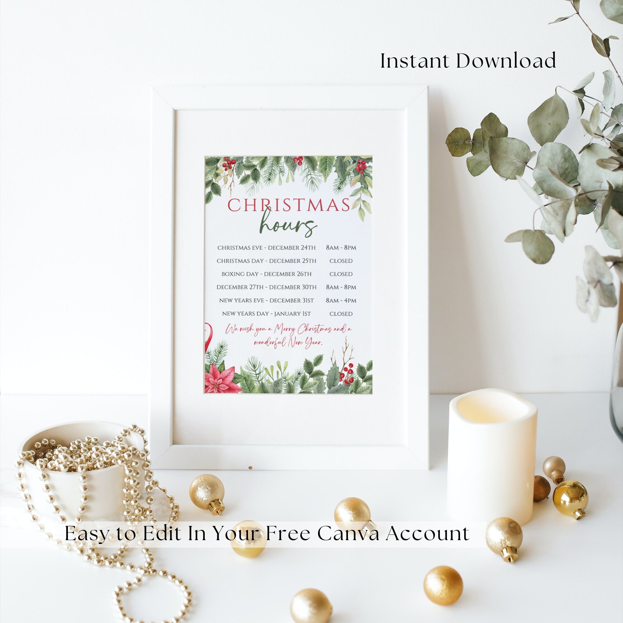 Editable Christmas Store Hours Sign: Holiday Business Template (digital ...