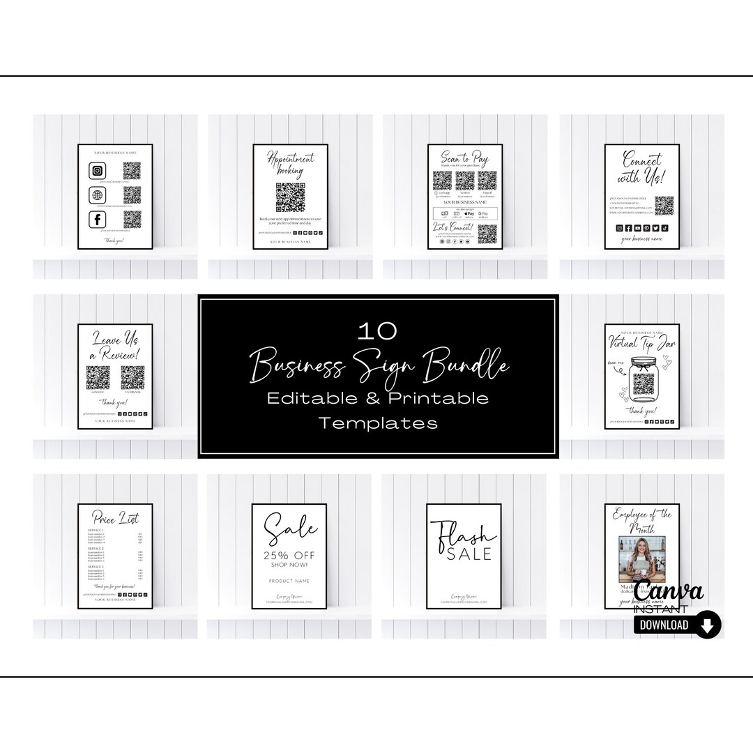 Editable Business Sign Template Bundle: QR Code Signs (canva, Digital ...