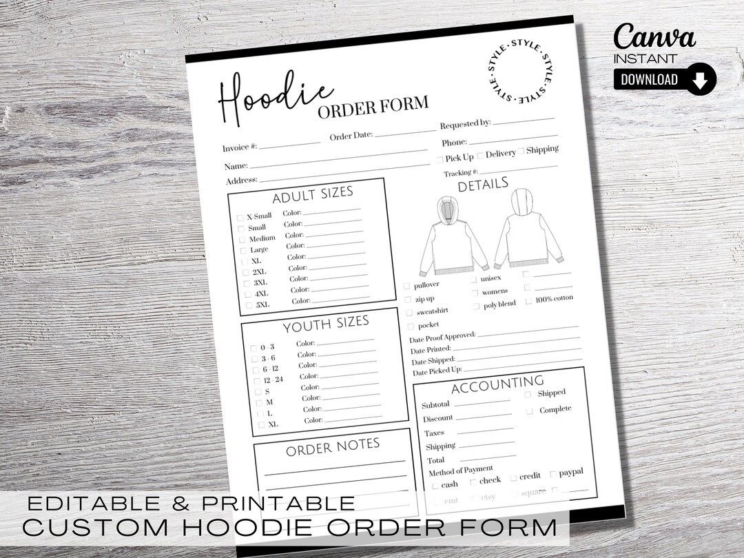 Editable Hoodie Order Form Printable Order Form Hoodie - Etsy