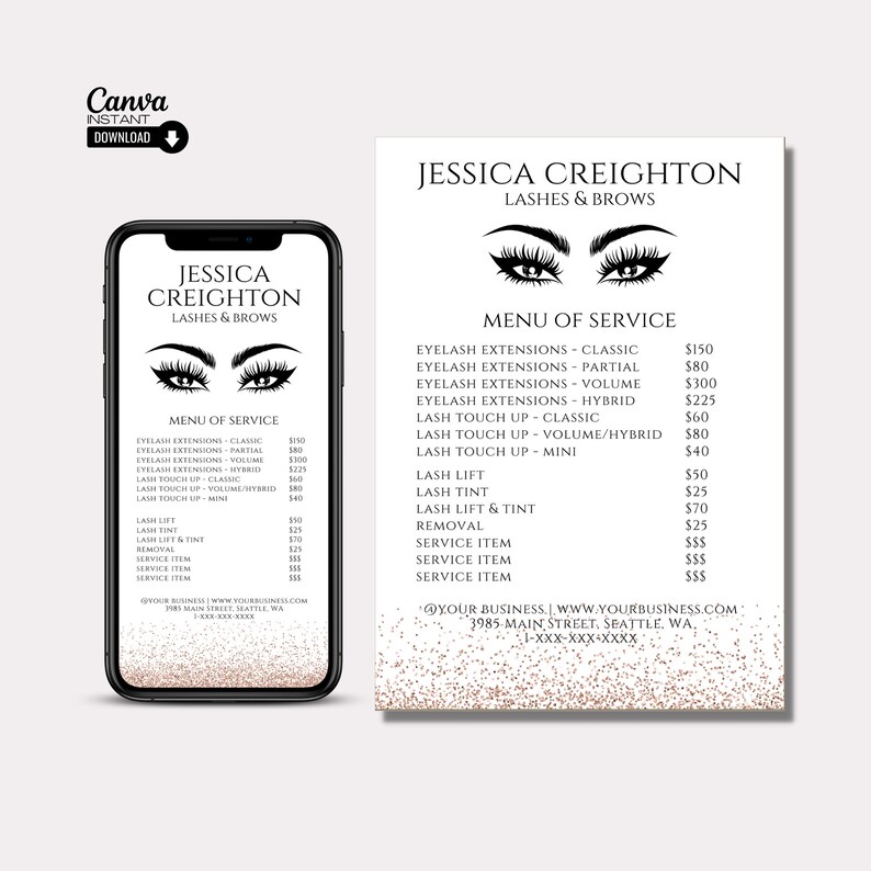 Eyelash Price List Template, Eyelash Artist Price Sign, Lash Extensions ...