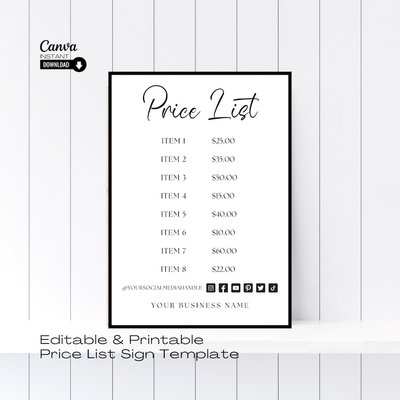 Editable Price List Sign Template, Printable Price List Template, Small ...