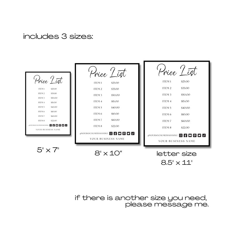 Editable Price List Sign Template, Printable Price List Template, Small ...