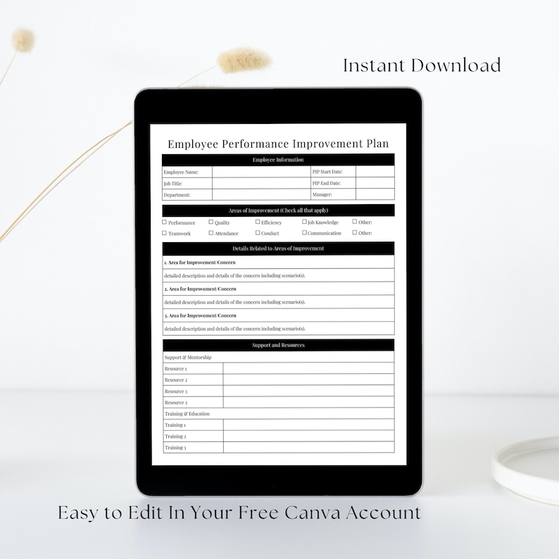 Editable Performance Improvement Plan Template: Printable Employee HR ...