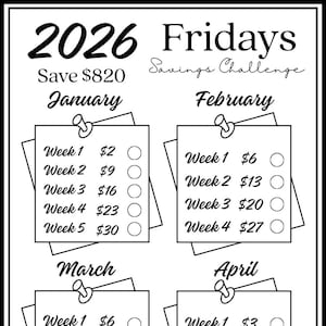 2026 Fridays Savings Challenge: Save 820 Dollars, Printable A6 Envelope Inserts (PDF Download ...