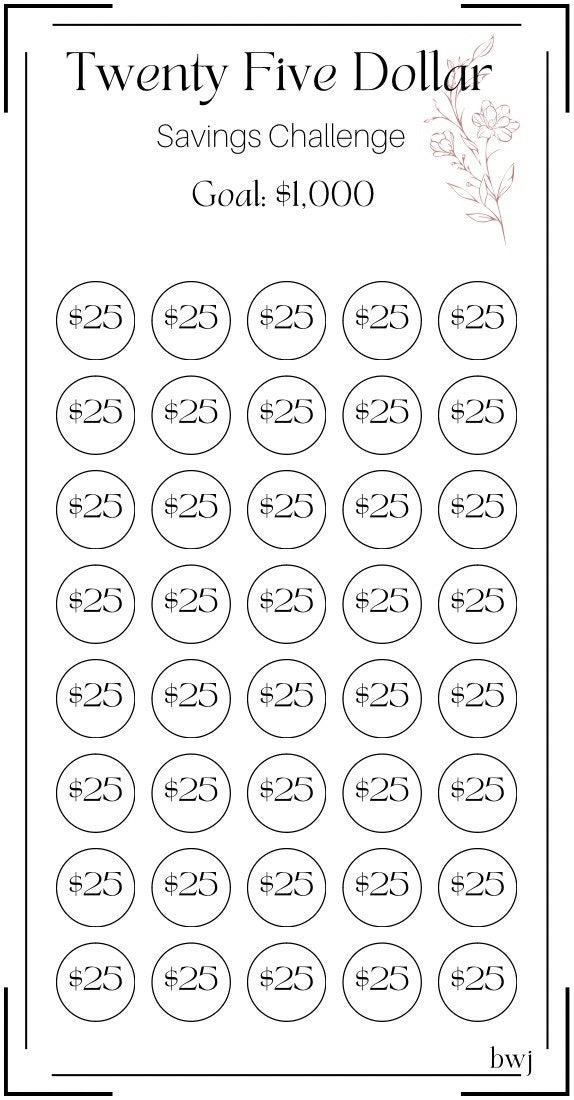 25 Dollar Savings Challenge: Save 1000 Dollars, Printable A6 Envelope ...