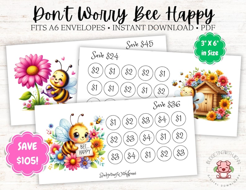 Don't Worry Bee Happy Savings Challenges: Save 105 Dollars, A6 ...