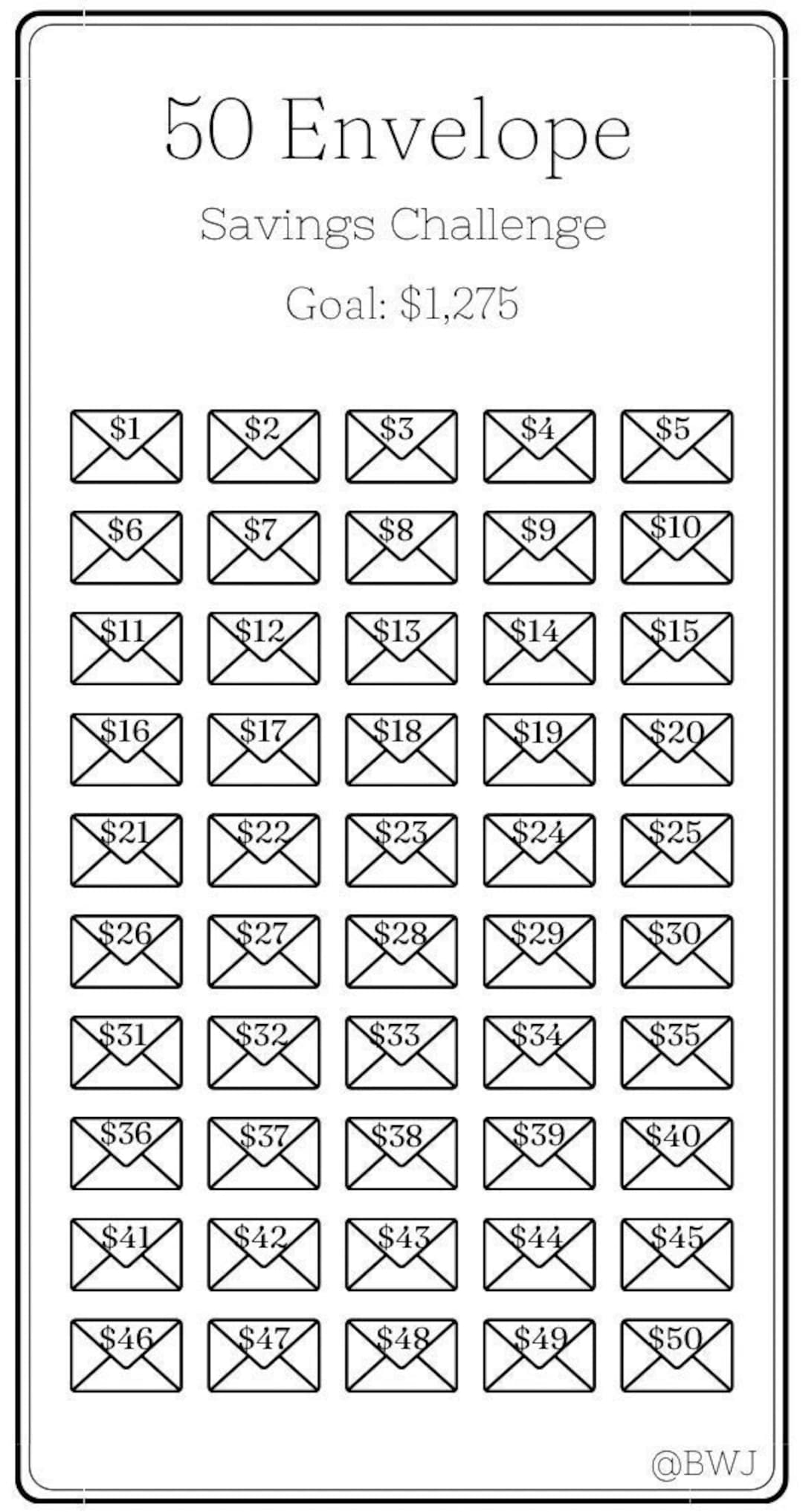 50 Envelope Challenge Save 1275 Dollars Low Budget Fits A6 Cash ...