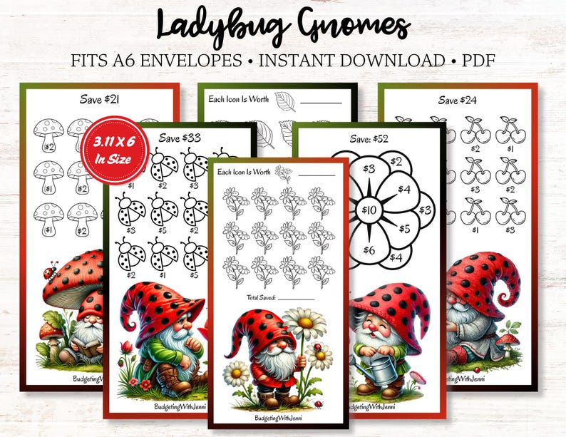 Ladybug Gnomes Savings Challenge: A6 Envelope Inserts (PDF/PNG Digital ...