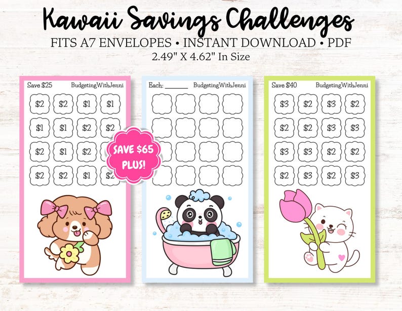 Kawaii Savings Challenges: A7 Envelope Inserts, Save 65 Dollars (PDF ...
