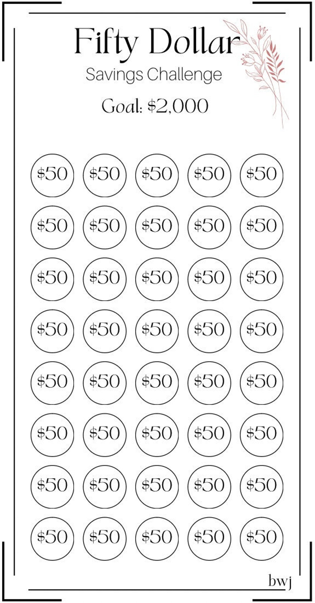 50 Dollar Savings Challenge ~ Save 2000 Dollars ~ Fits Inside A6 ...