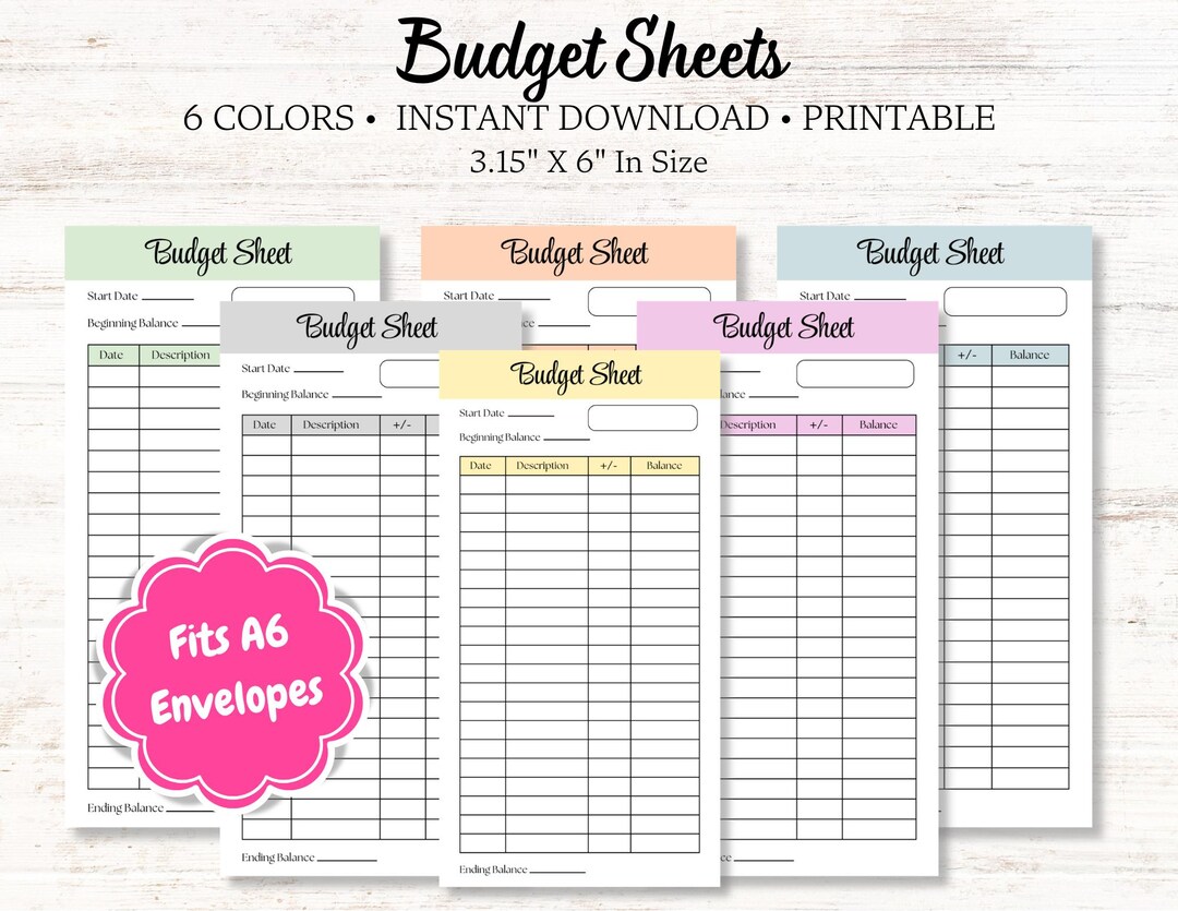 Budget Sheets | Budget Trackers: 6 Colors, A6 Envelopes Inserts (PDF ...