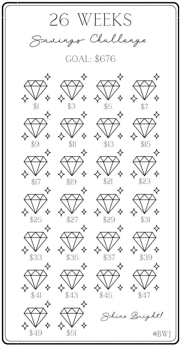 26 Weeks Challenge: Save 676 Dollars, Printable A6 Envelope Insert PDF ...