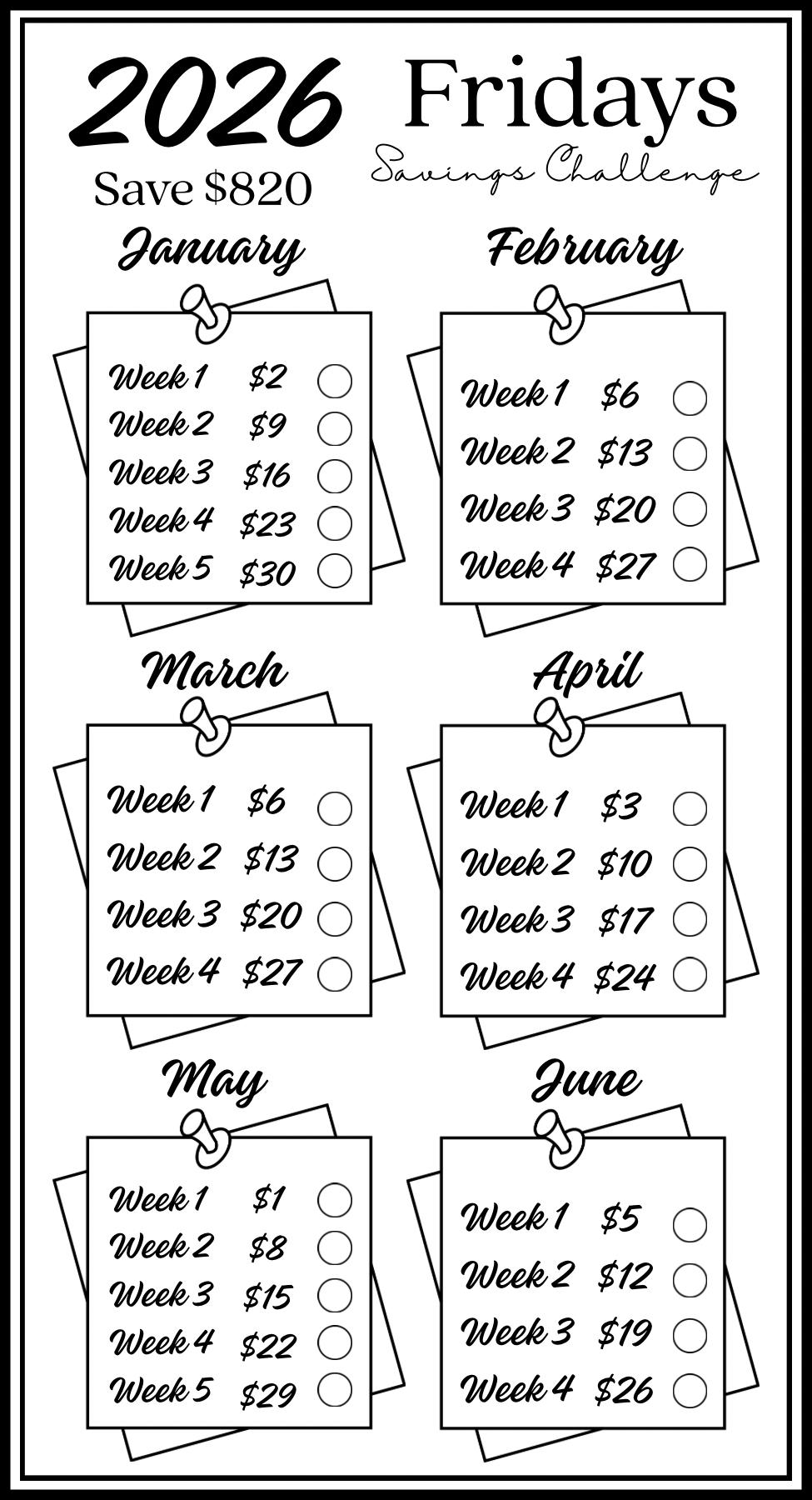 2026 Fridays Savings Challenge: Save 820 Dollars, Printable A6 Envelope ...