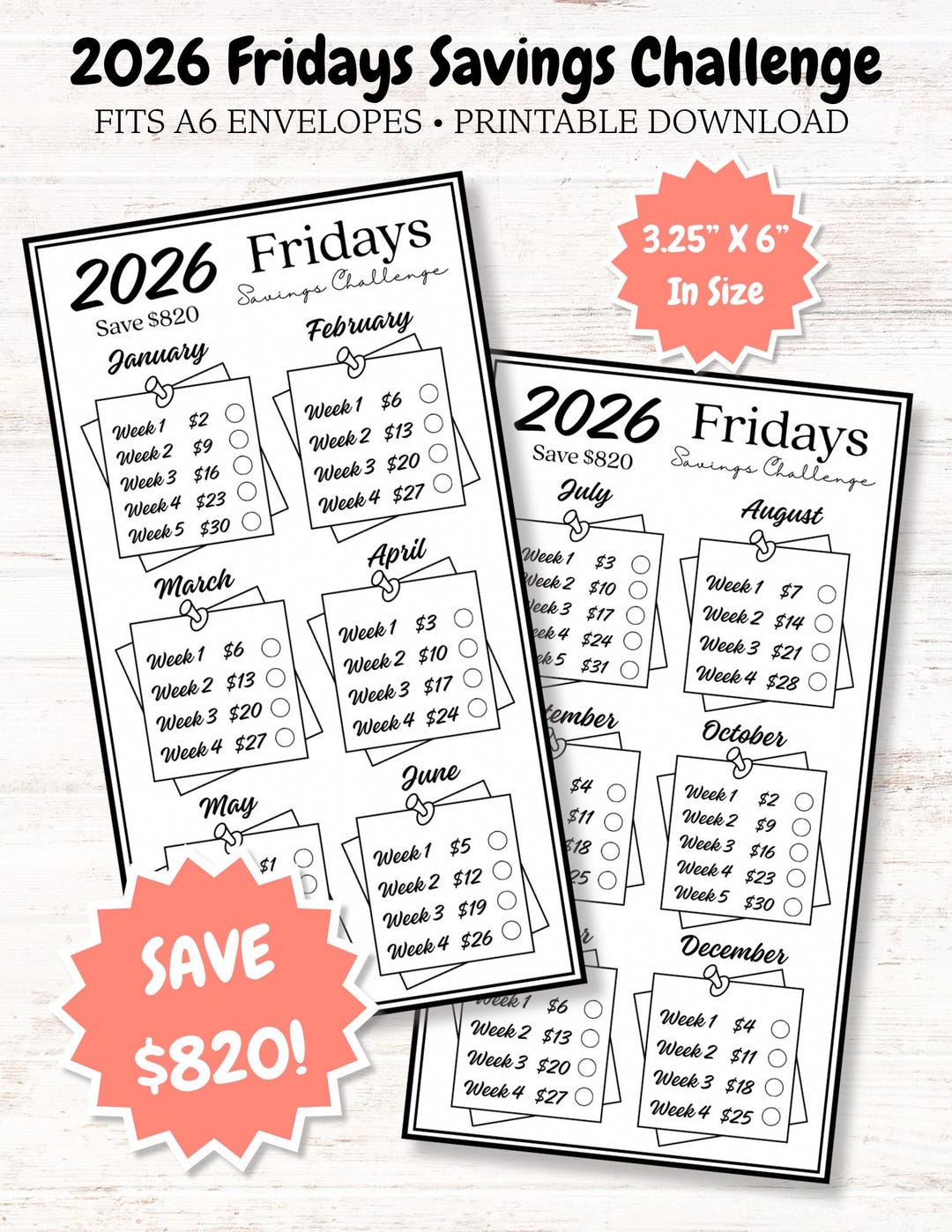 2026 Fridays Savings Challenge ~ Save 820 Dollars ~ Low Income ~ Fits ...