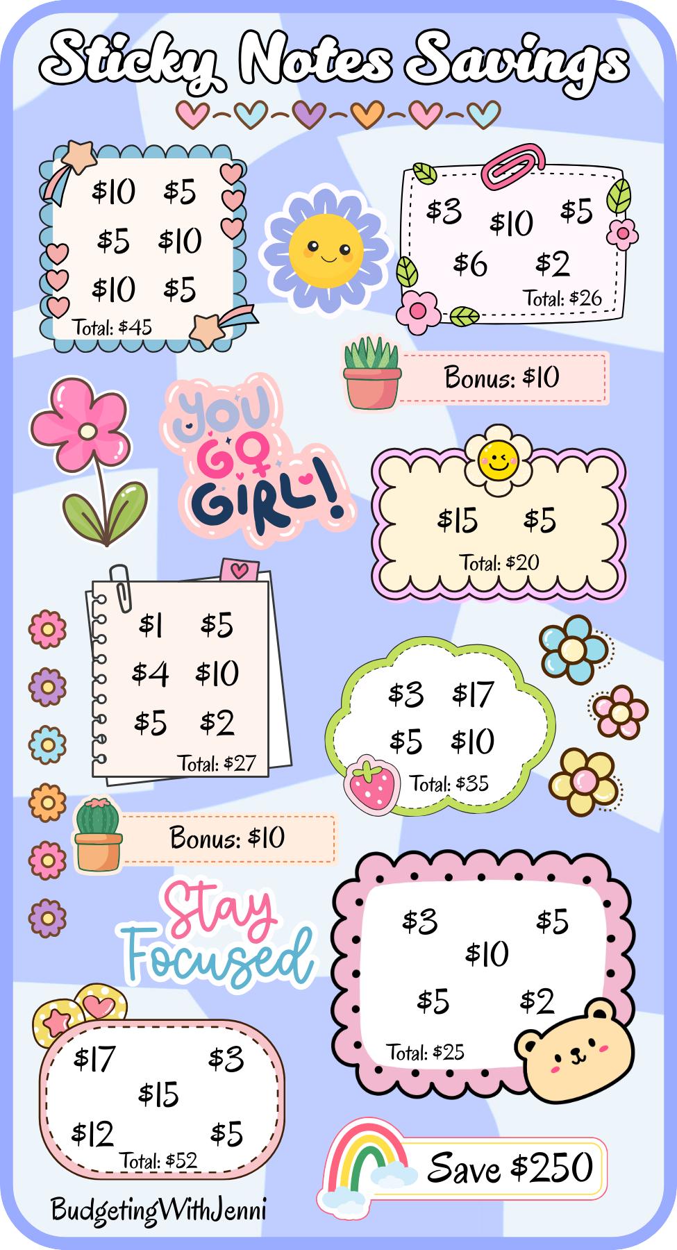 Sticky Notes Savings Challenges: Save 750 Dollars, Printable A6 ...