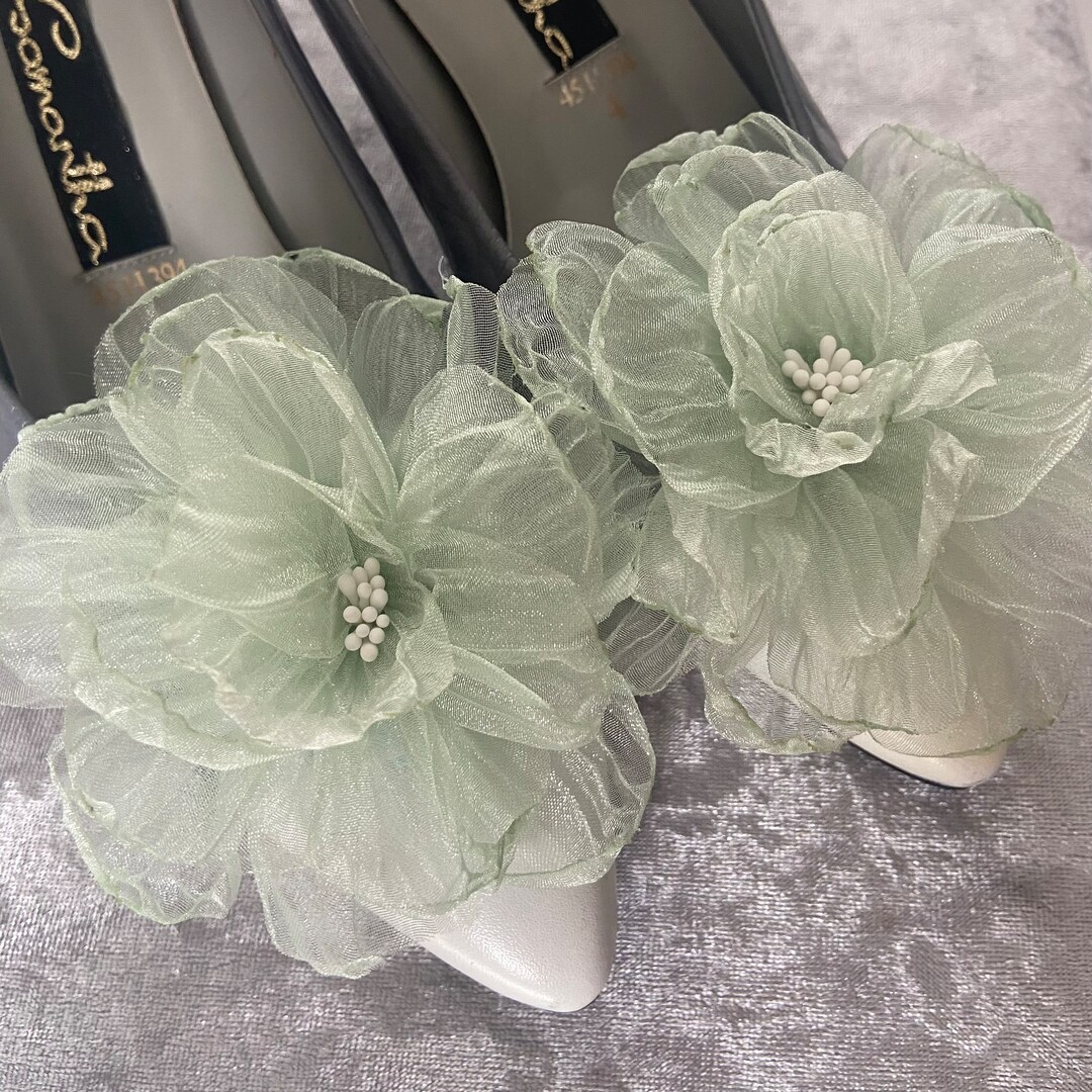Sage Green Chiffon Rose Shoe Clips Mint Green Bridal Floral Shoe Clips ...