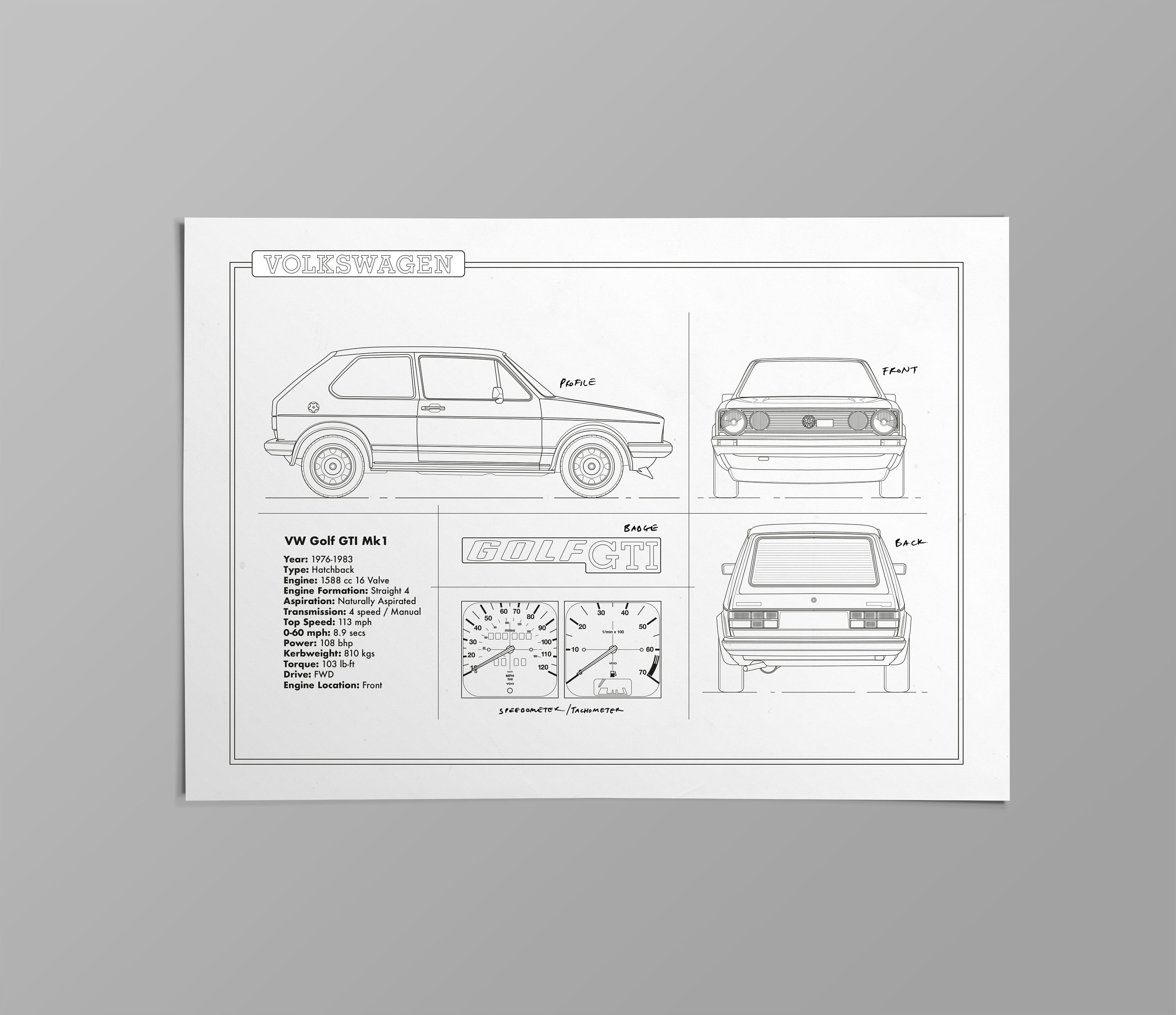 VW Golf Mrk1 GTI 1976 Schematic Blue Print, Wall Art Poster, Technical ...
