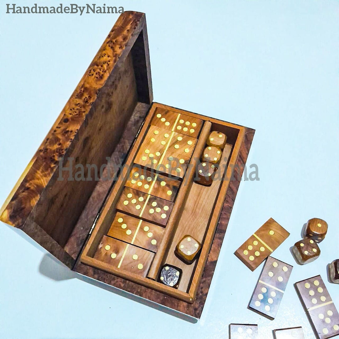 Unique Wooden Domino Game Dice Set Box, 28 Dominoes Dice & 9 Wooden ...