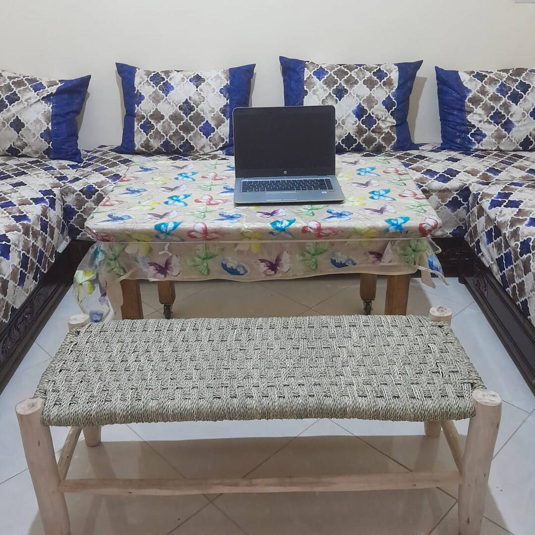 Bench in Solid Wood and Natural Weaving Braid Straw Stool, Handcrafted ...