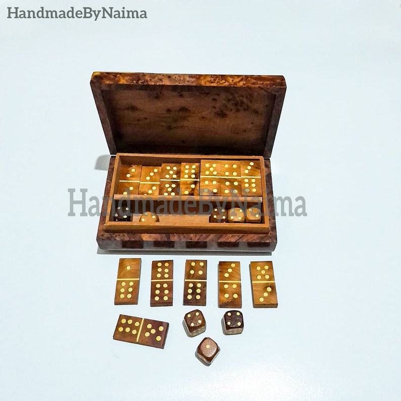 Unique Wooden Domino Game Dice Set Box, 28 Dominoes Dice & 9 Wooden ...