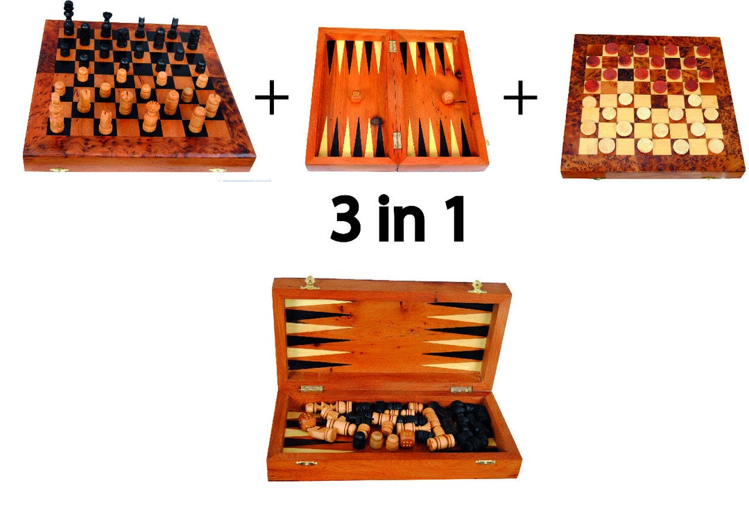 Wooden Chess Checkers Backgammon Set - 3 in 1 Board Games ,portable ...
