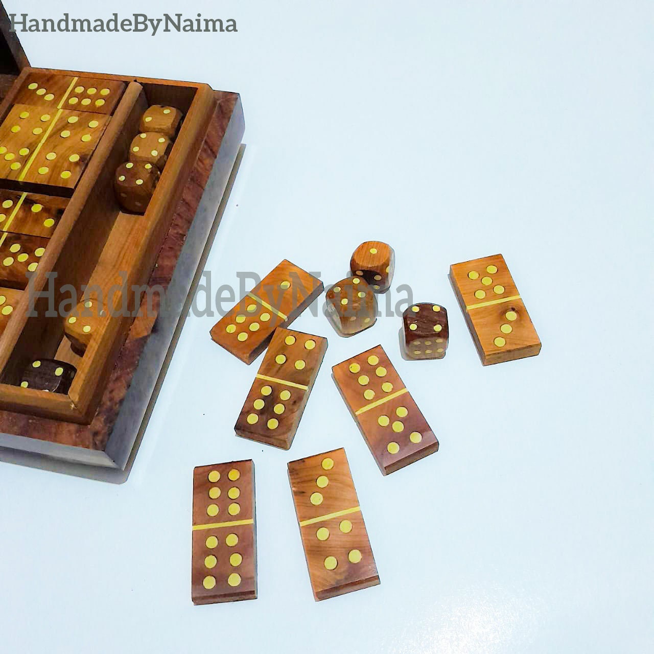 Unique Wooden Domino Game Dice Set Box, 28 Dominoes Dice & 9 Wooden ...