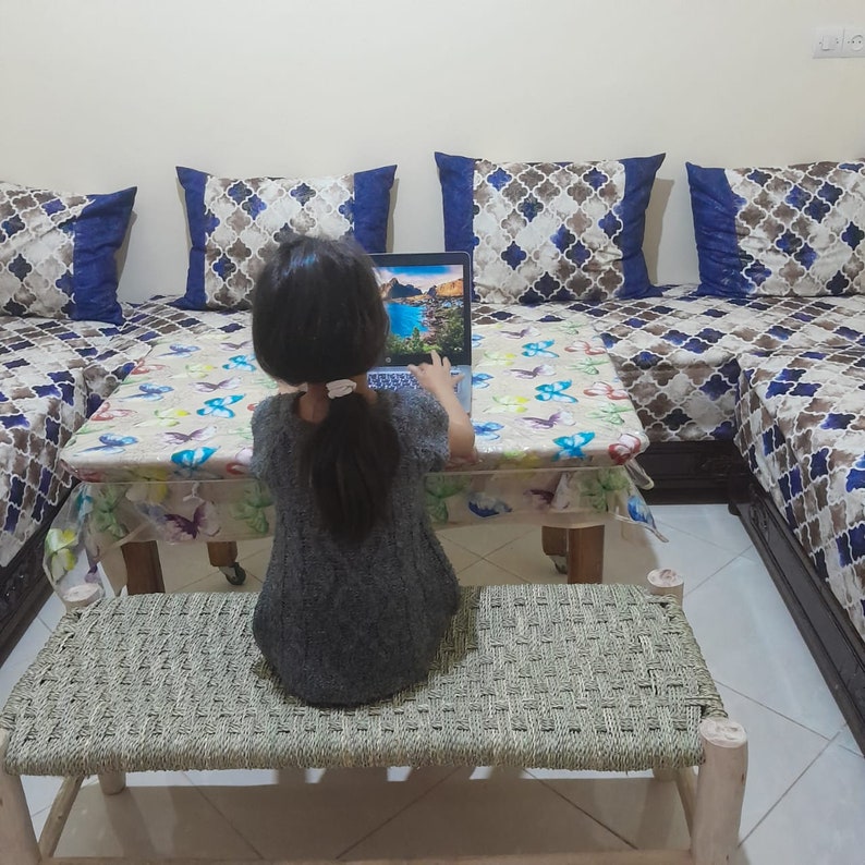 Bench in Solid Wood and Natural Weaving Braid Straw Stool, Handcrafted ...