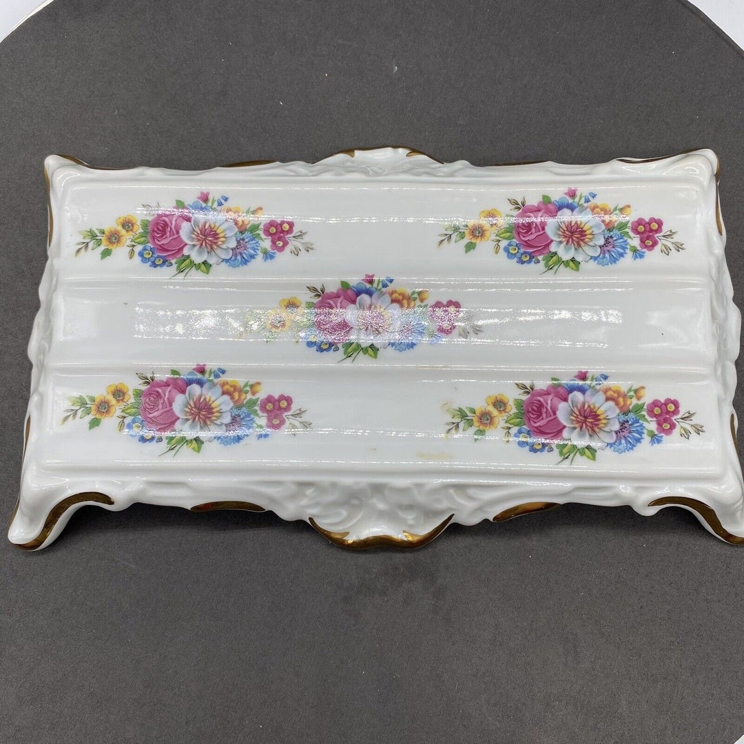 Vintage Bavarian Porcelain Ribbed Stand With Flowers 9 Inch Pen Pencil ...