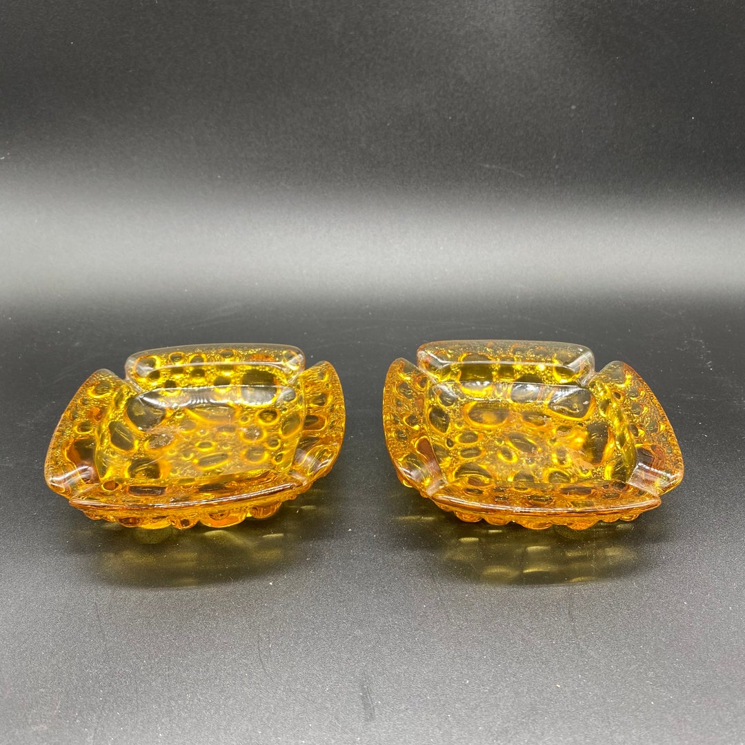 Pair MCM Libbey Pebble Bubble Ashtray Small Amber Glass Trinket Tray ...