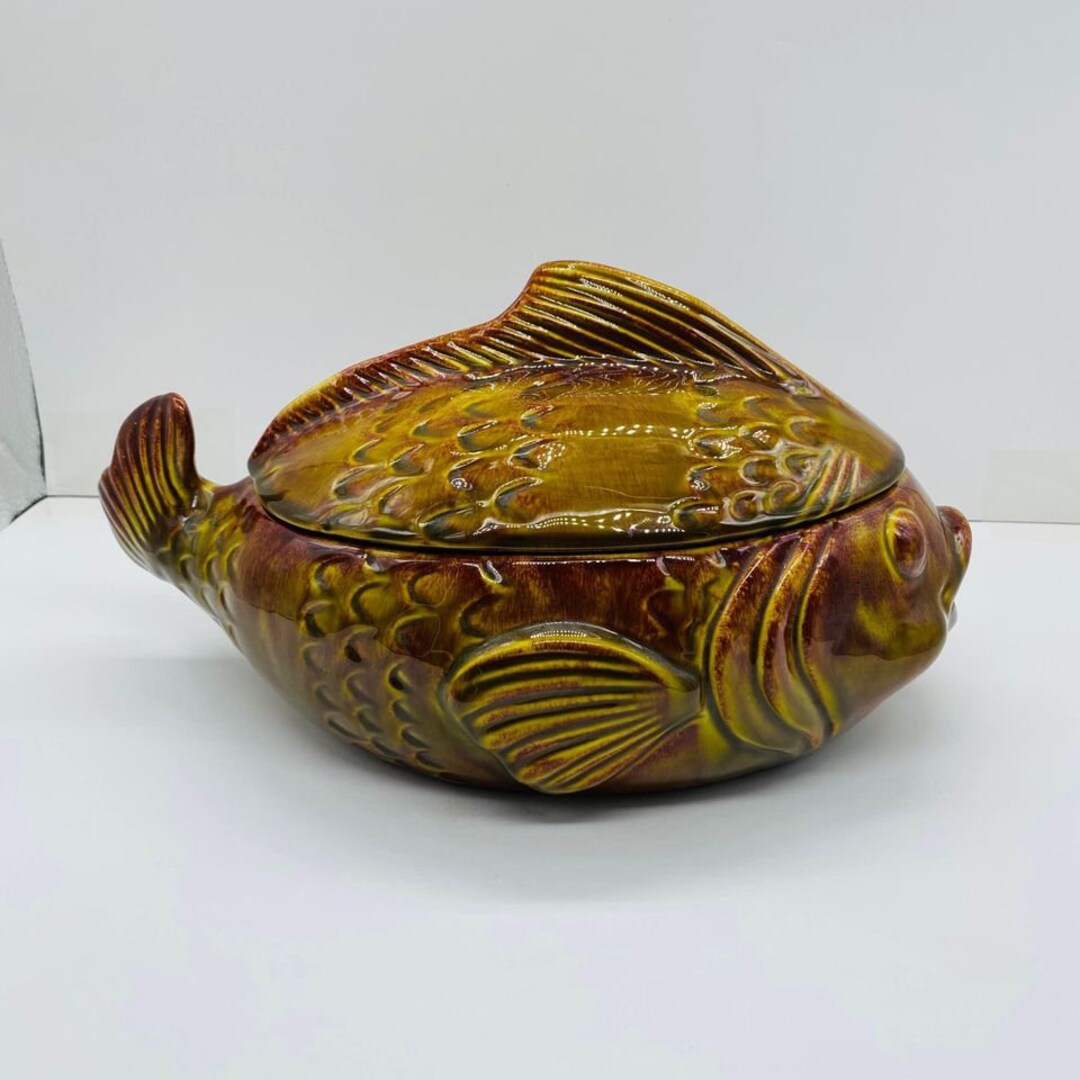 Vintage Tureen Fish Brown Glazed Faience Yellow Inside - Etsy