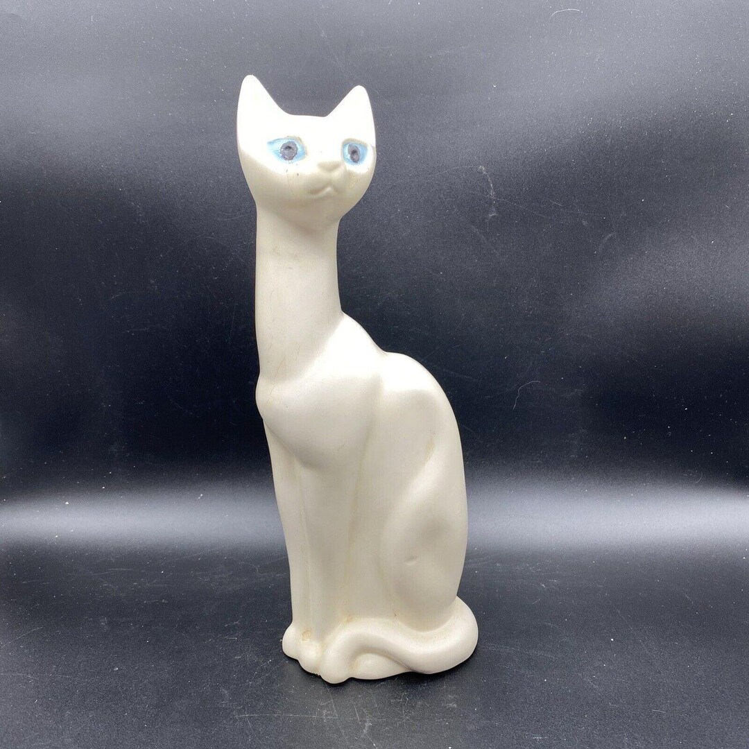 MCM Long Neck White Cat Figurine Statue Calif USA Pottery Blue Eyes ...