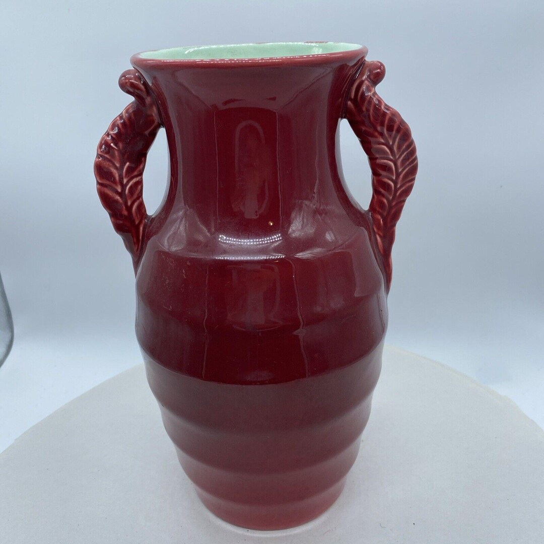Shorter Vintage Pottery Vase Handles Red Outer Green Inner 9 Inch - Etsy