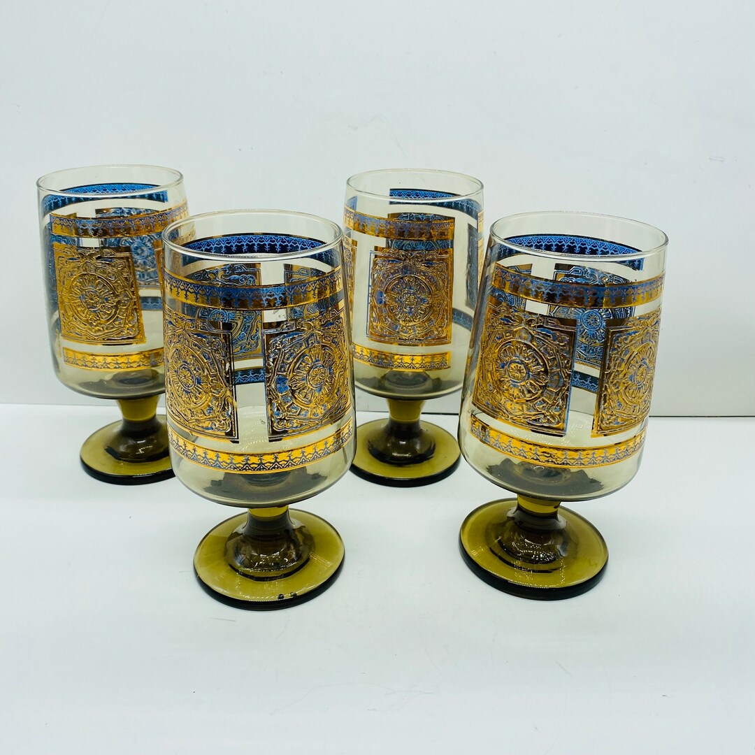 Libbey Elcyda Stem Glass Set With 22 Karat Gold Design, Set of 4, Gold ...