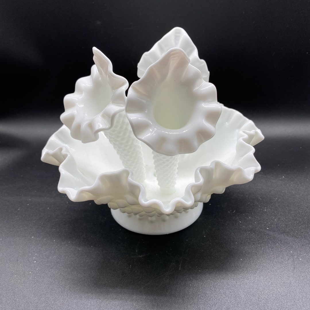Fenton Milk Glass Hobnail Epergne 3 Horn and Bowl 1960s Opalescent ...
