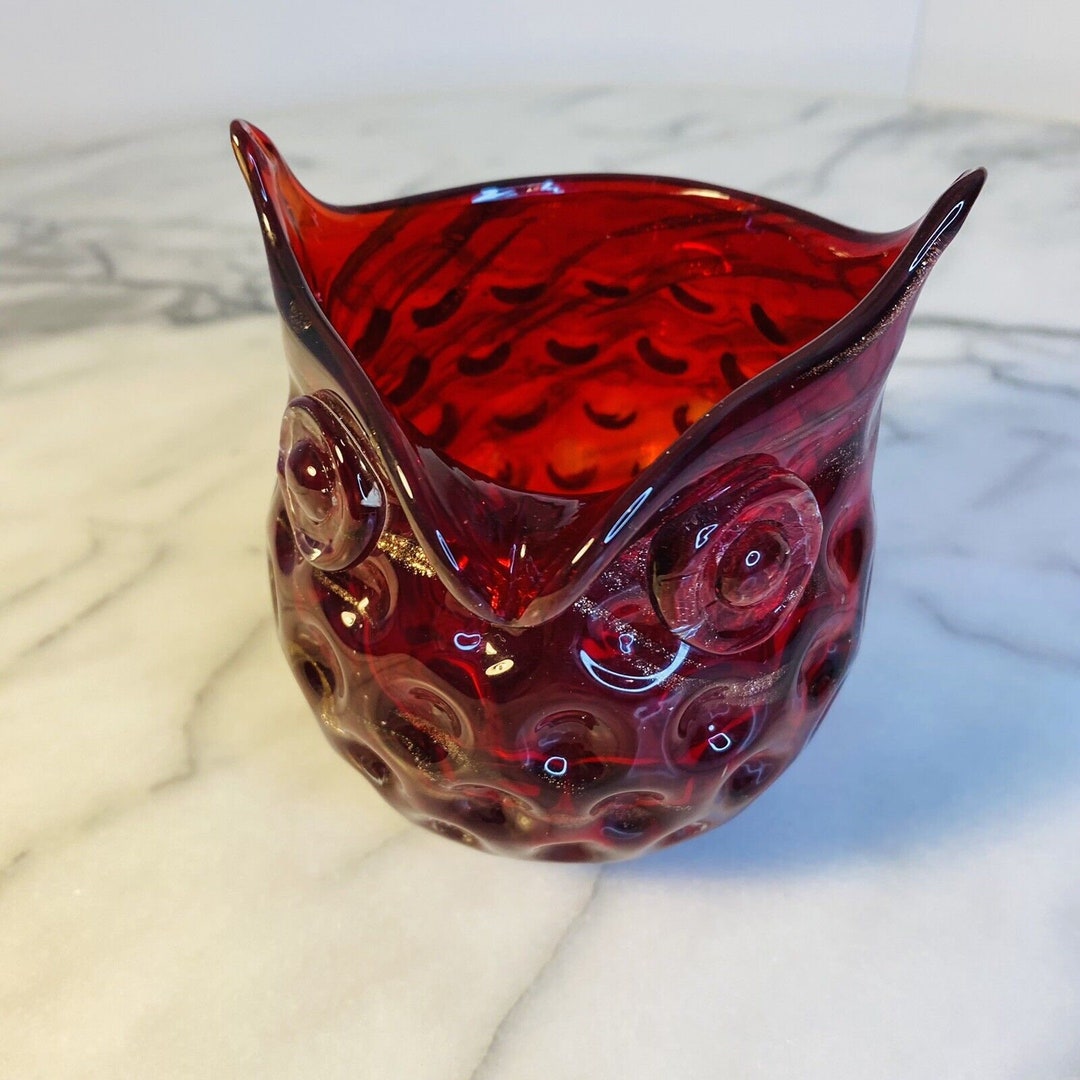 Art Glass Owl Red Thumbprint Votive Holder Oro Gold Swirls Vintage ...