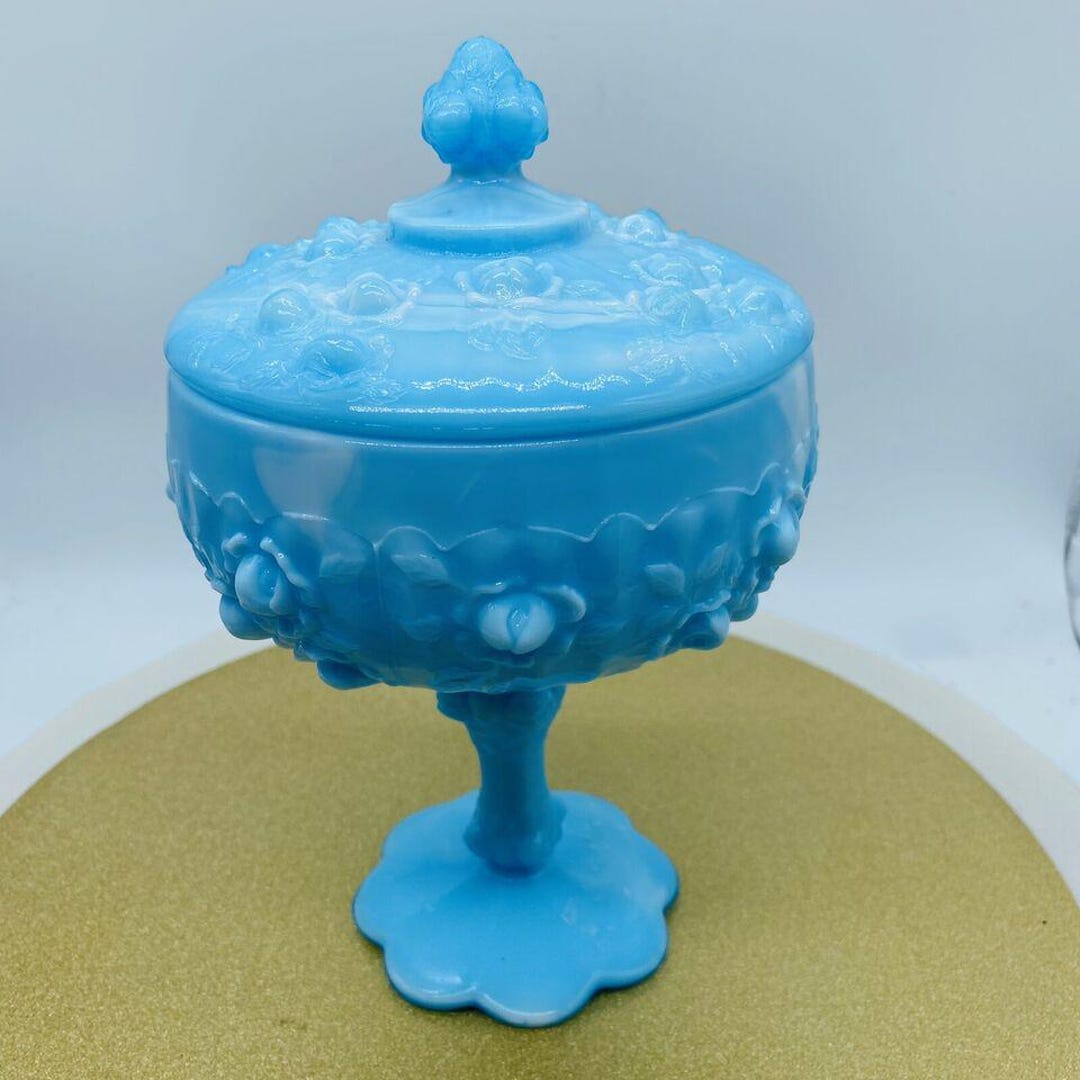 Vintage Fenton Cabbage Rose Compote Lidded Pedestal Blue Slag Glass - Etsy