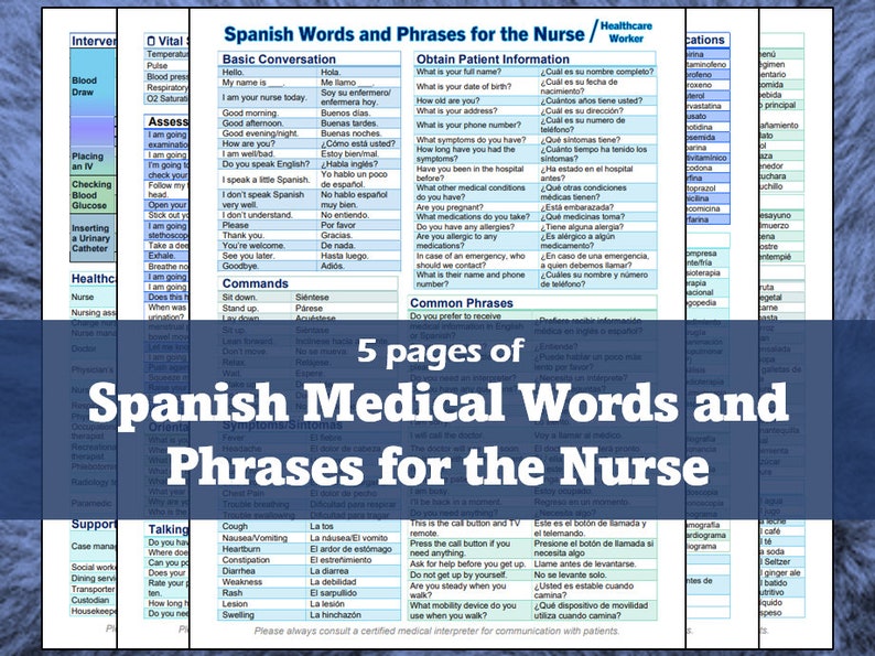 Spanish Medical Phrases for Nurses - Etsy