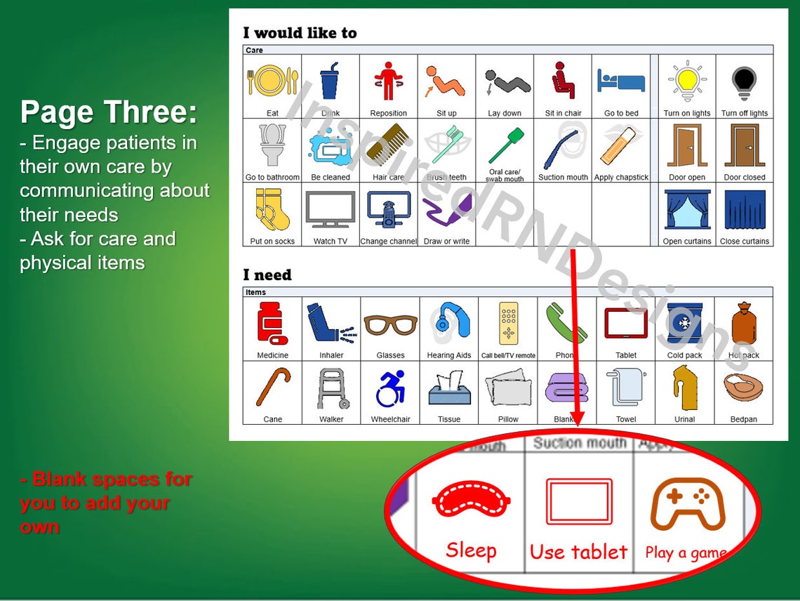 Communication Board for Hospital Patients nonverbal, Aphasia, Intubated ...